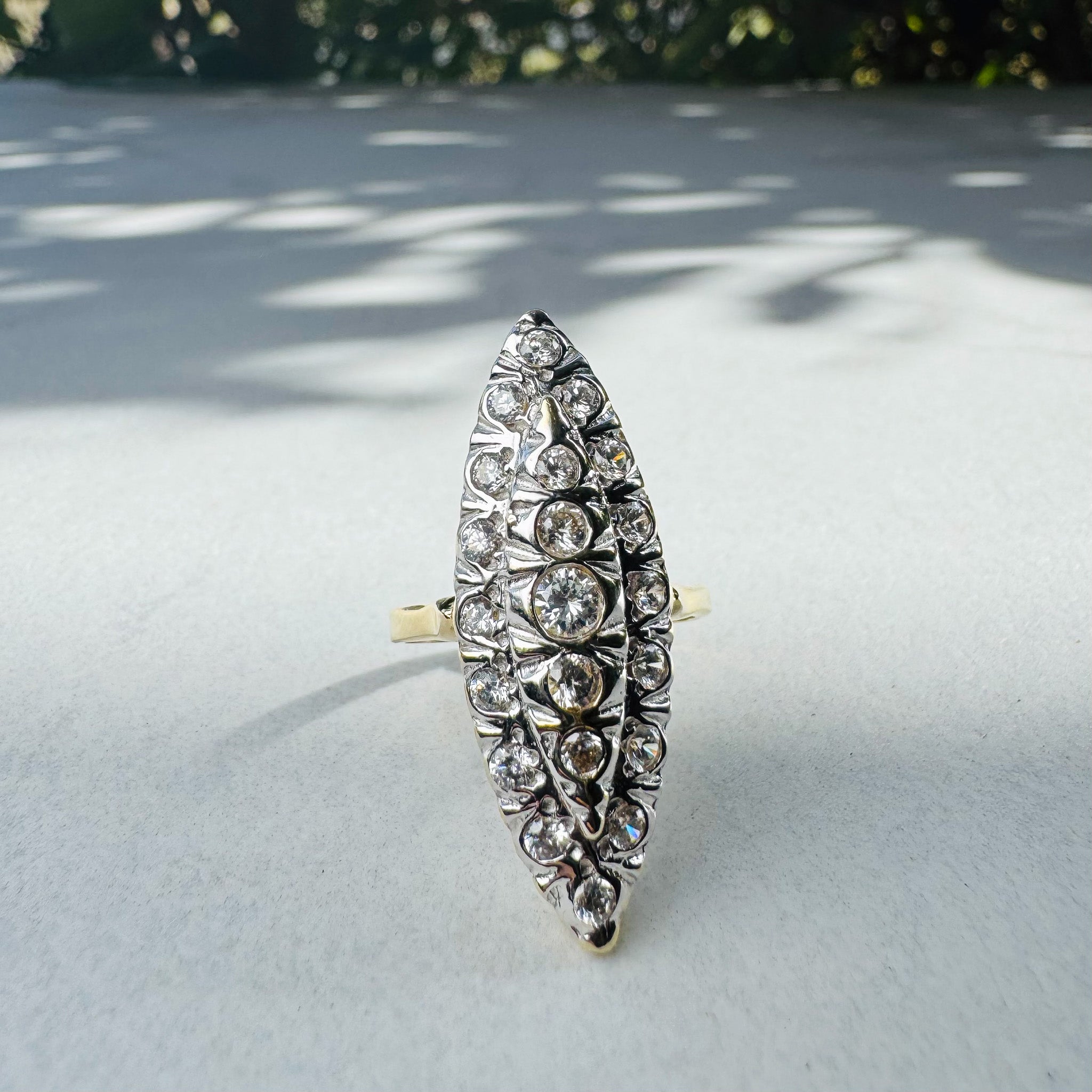 Stunning Diamond Navette Ring | Yellow Gold | Size S – Vintage Lustre